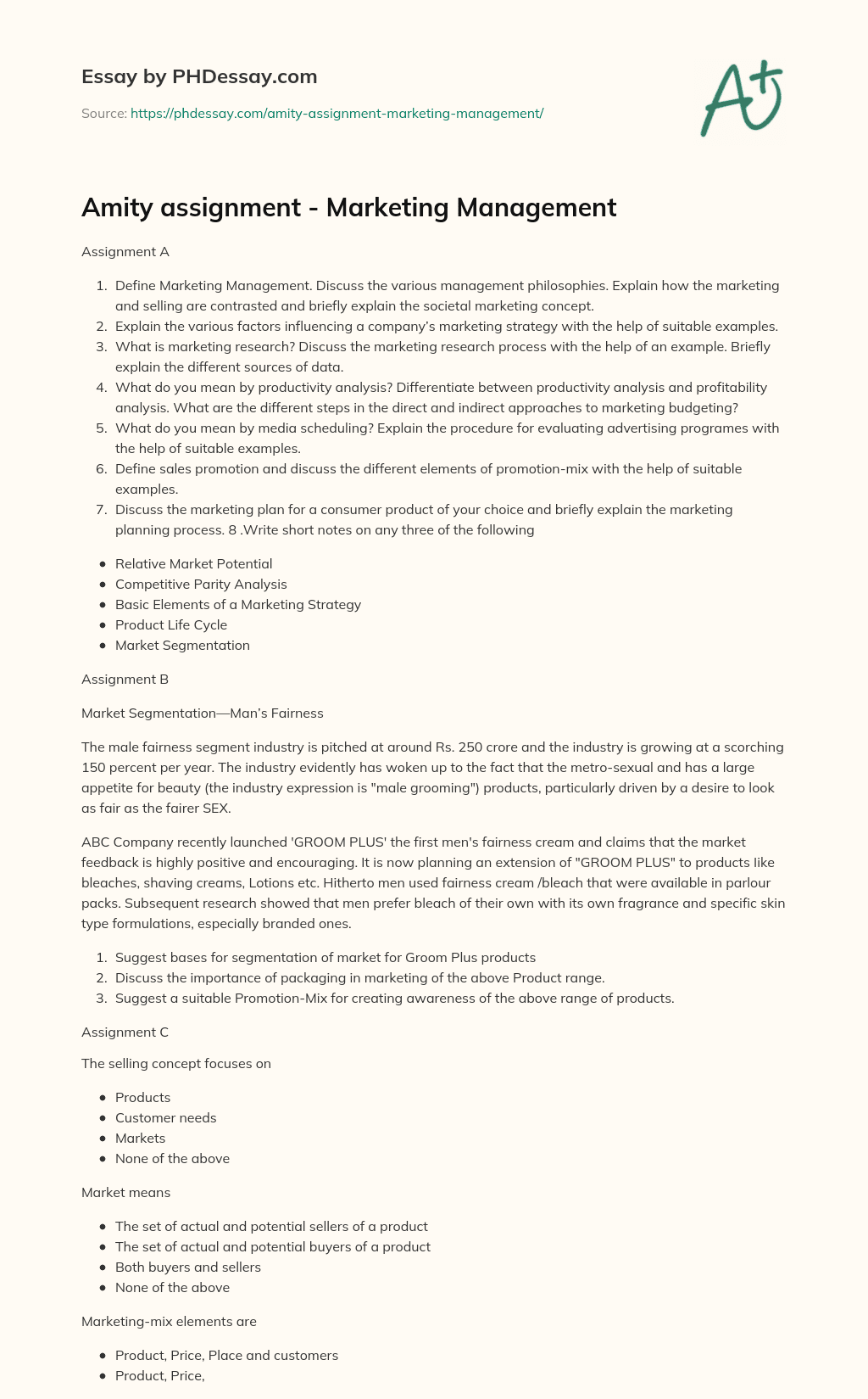 Amity assignment - Marketing Management - PHDessay.com