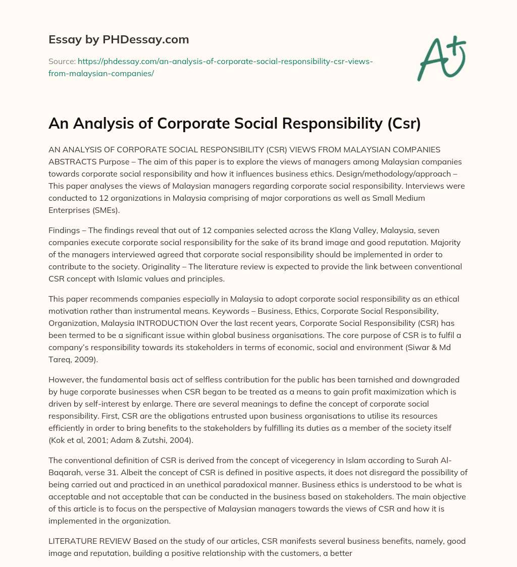 An Analysis of Corporate Social Responsibility (Csr) - PHDessay.com