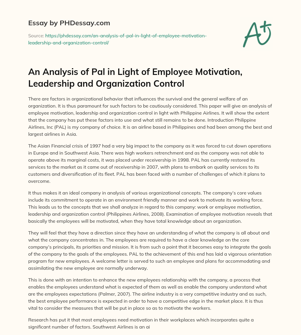 An Analysis of Pal in Light of Employee Motivation, Leadership and ...