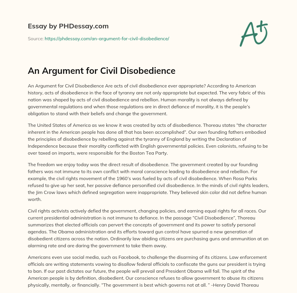 An Argument for Civil Disobedience (400 Words) - PHDessay.com