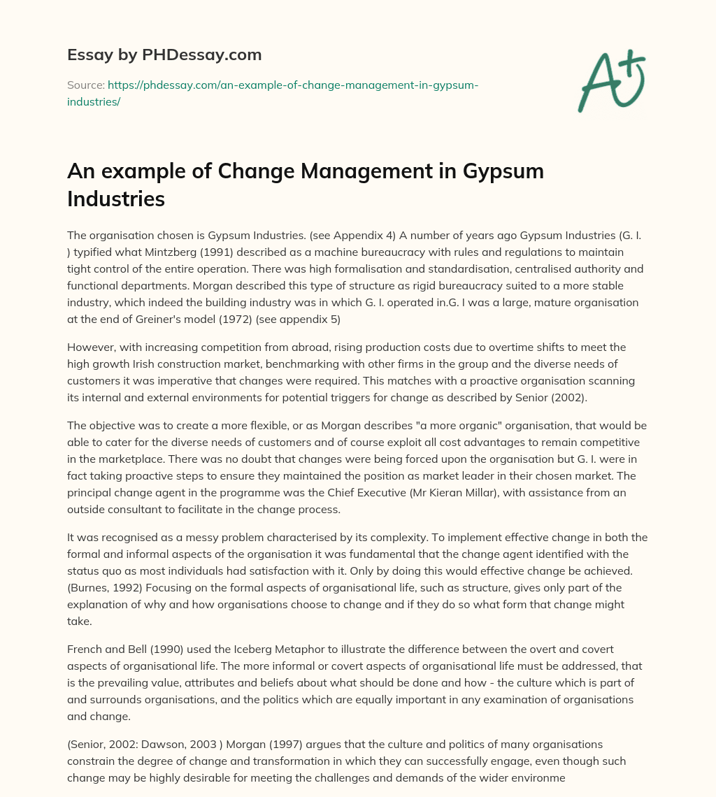 An example of Change Management in Gypsum Industries - PHDessay.com