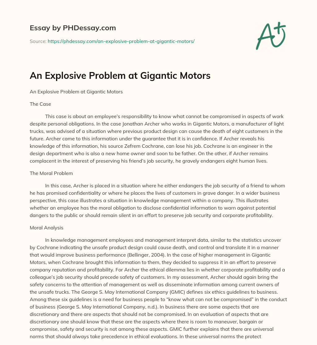 An Explosive Problem at Gigantic Motors - PHDessay.com