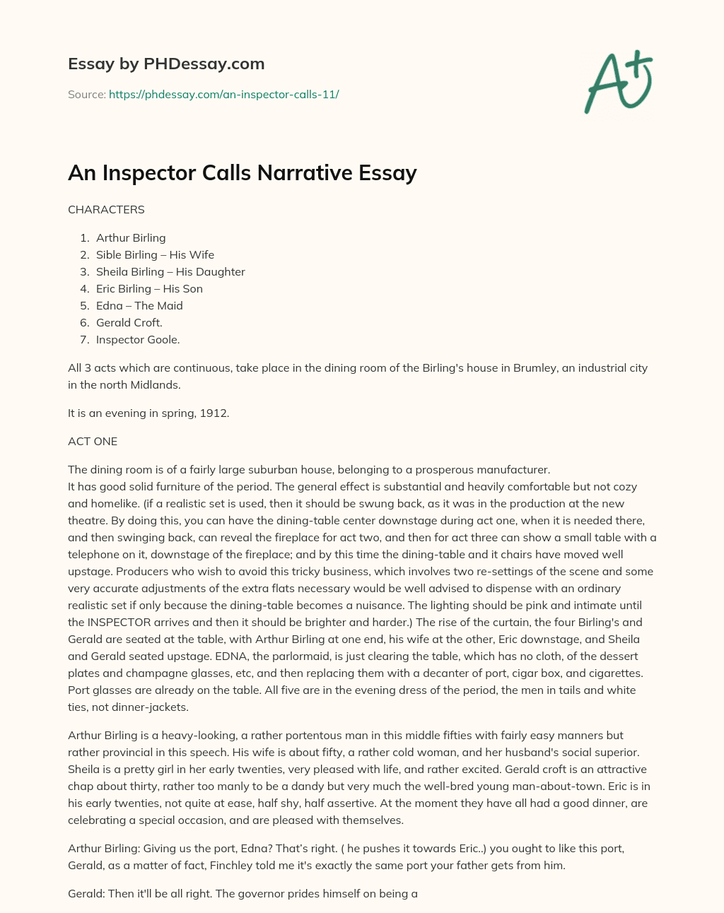An Inspector Calls Narrative Essay Analysis Example - PHDessay.com