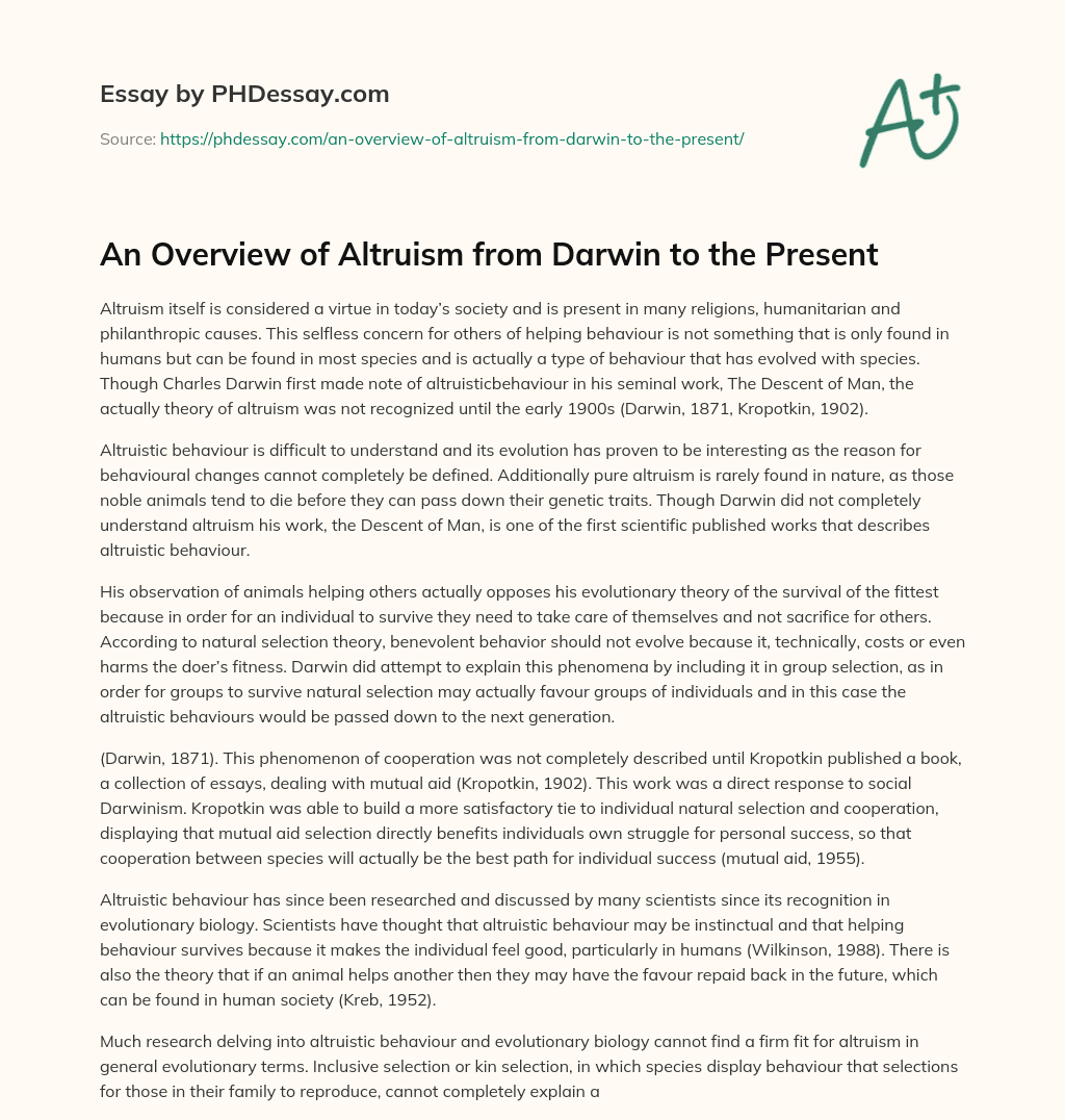 An Overview of Altruism from Darwin to the Present - PHDessay.com