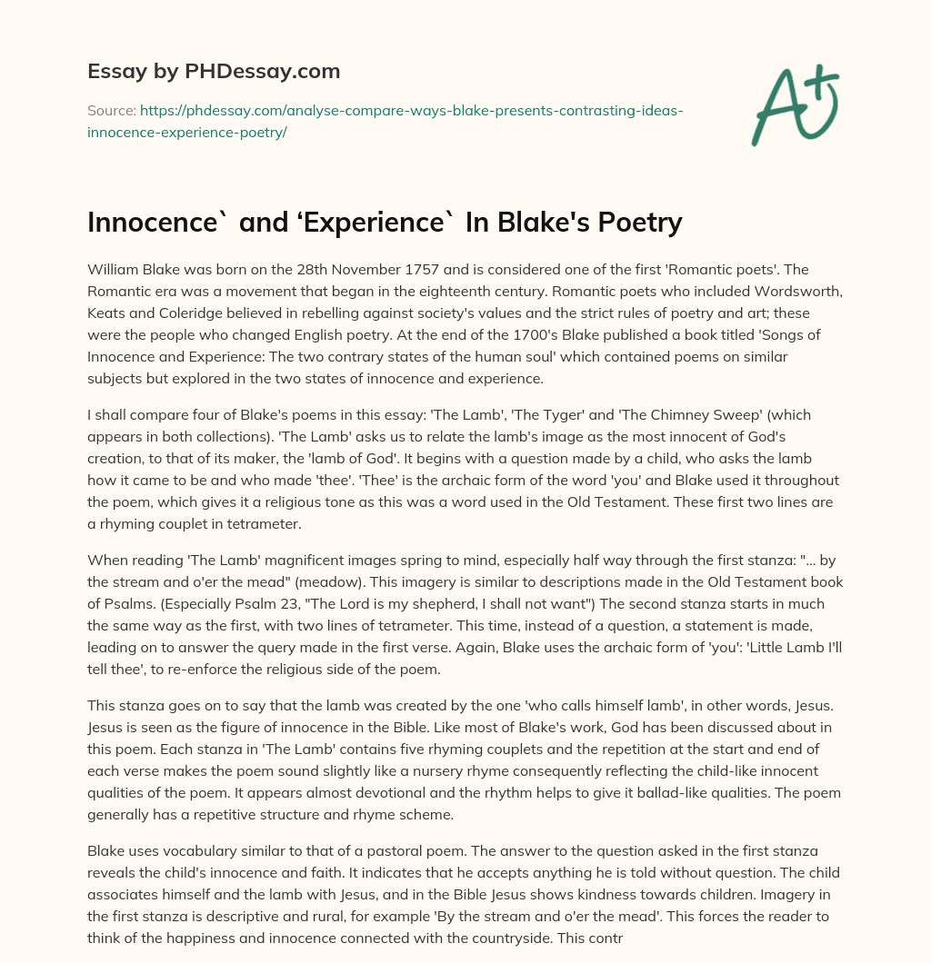 Innocence` and ‘Experience` In Blake's Poetry - PHDessay.com