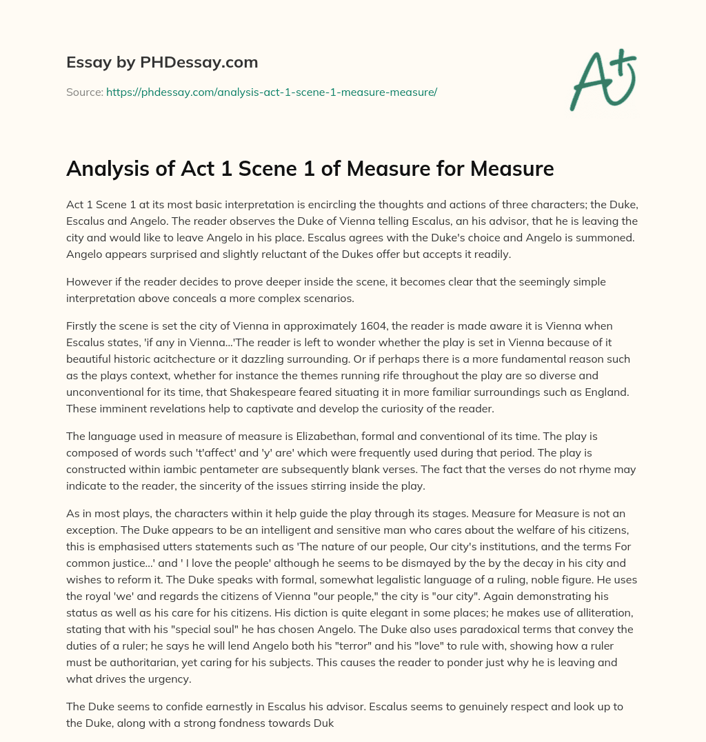 Analysis of Act 1 Scene 1 of Measure for Measure - PHDessay.com