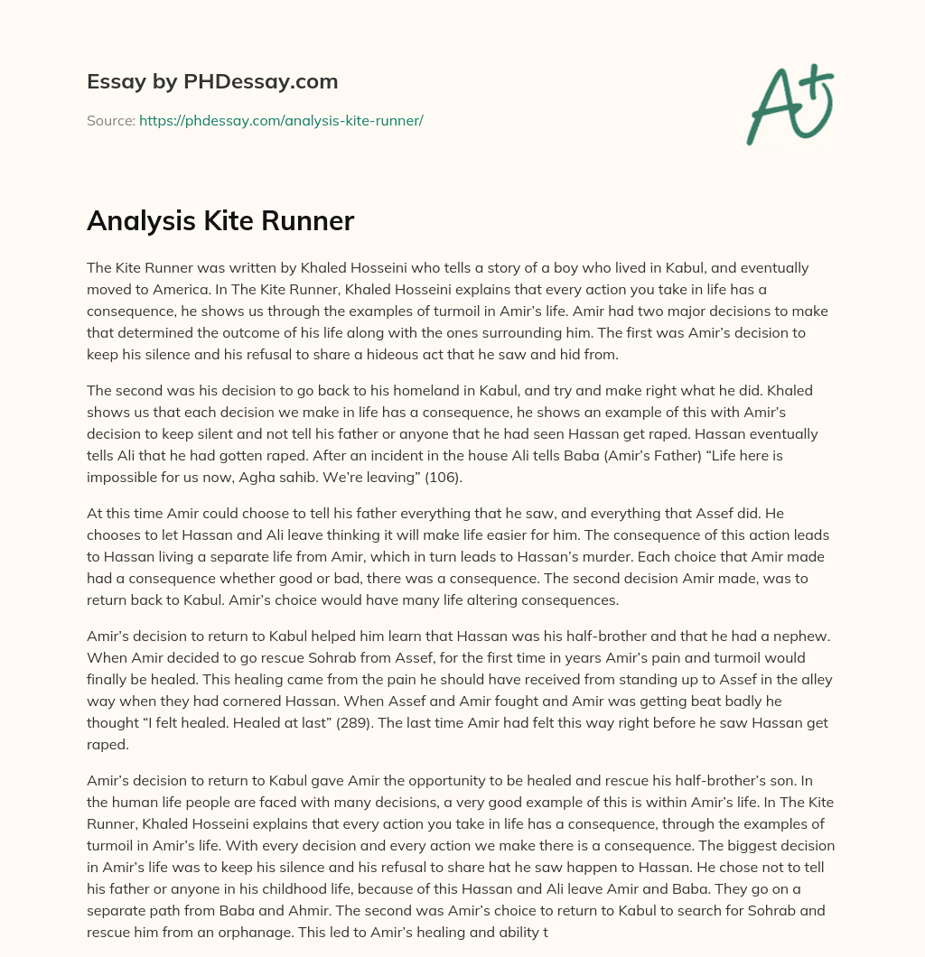 Analysis Kite Runner (600 Words) - PHDessay.com