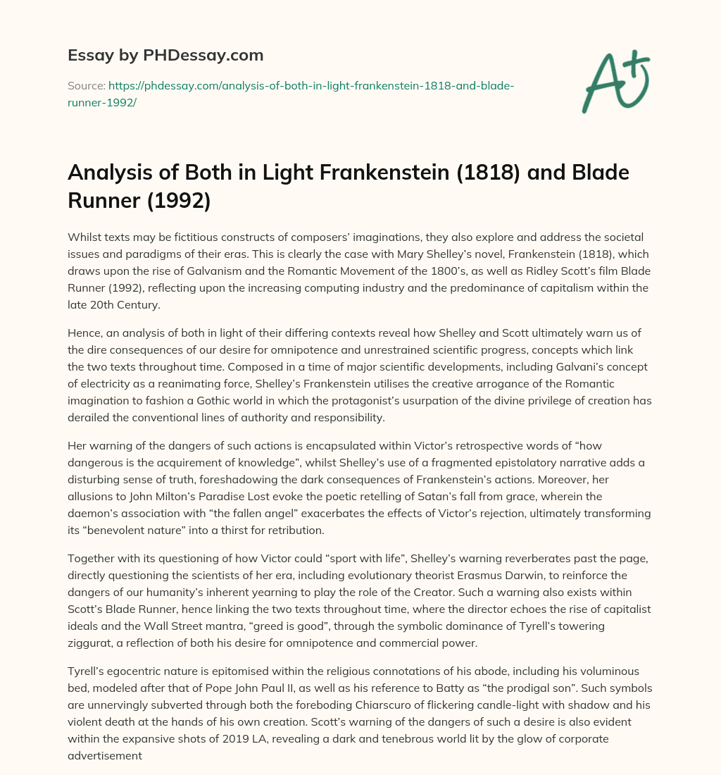 Analysis of Both in Light Frankenstein (1818) and Blade Runner (1992 ...