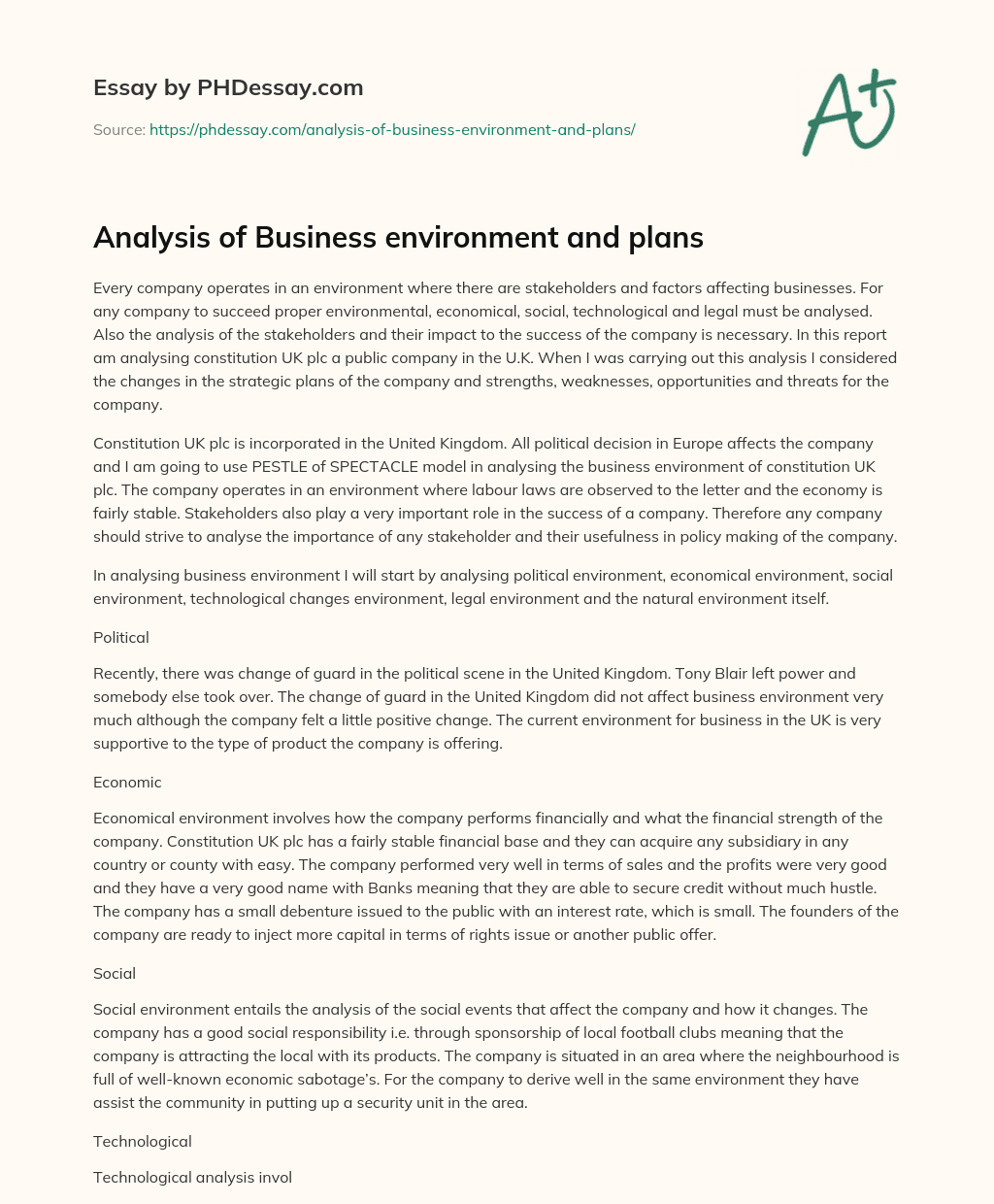 Analysis of Business environment and plans - PHDessay.com