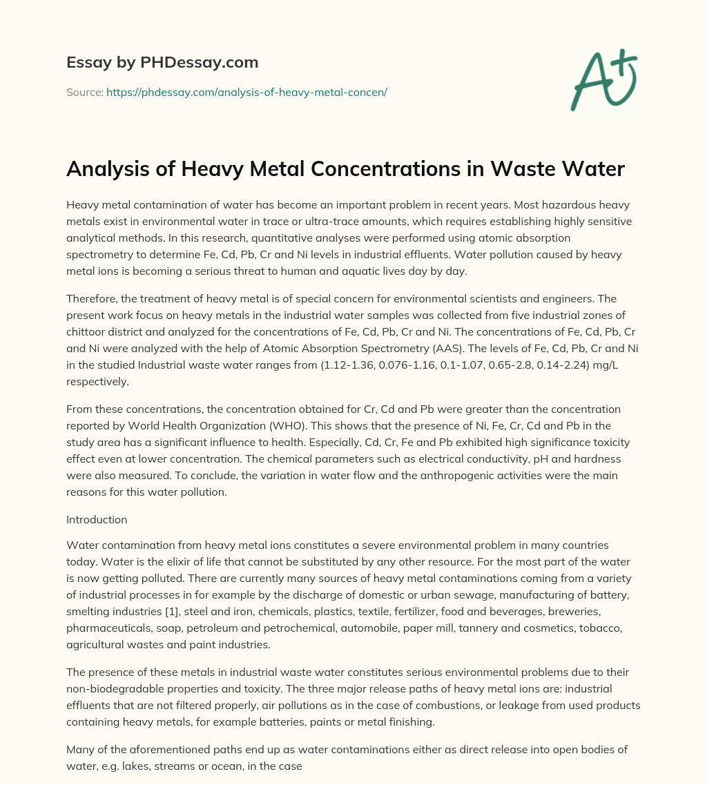 Analysis of Heavy Metal Concentrations in Waste Water - PHDessay.com