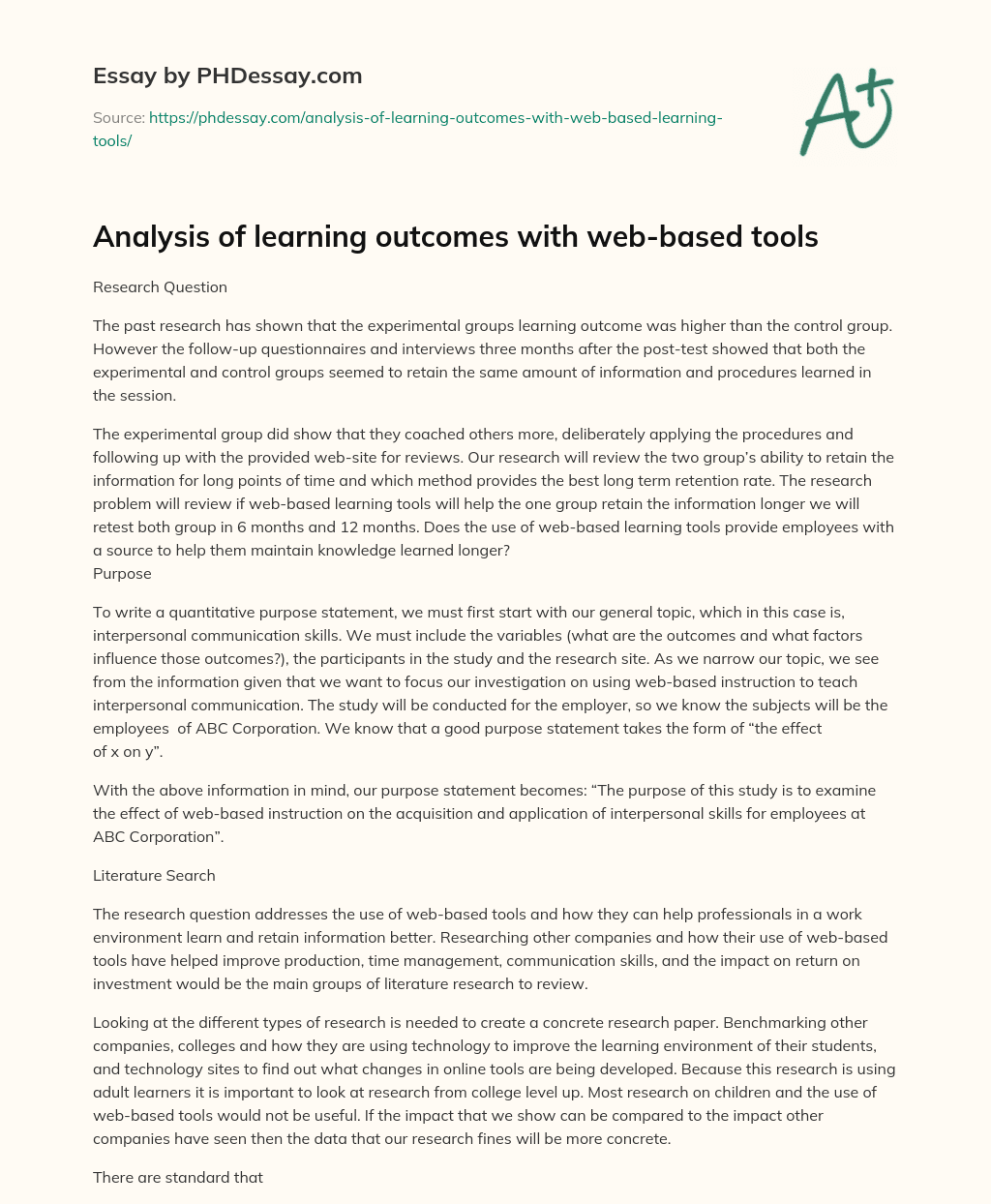 Analysis of learning outcomes with web-based tools - PHDessay.com