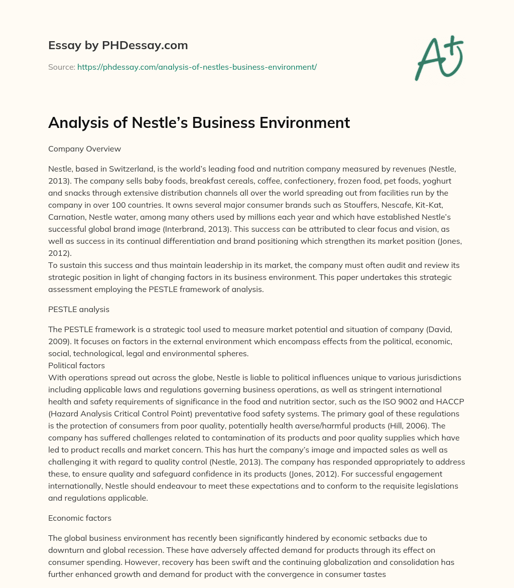 Analysis of Nestle’s Business Environment - PHDessay.com
