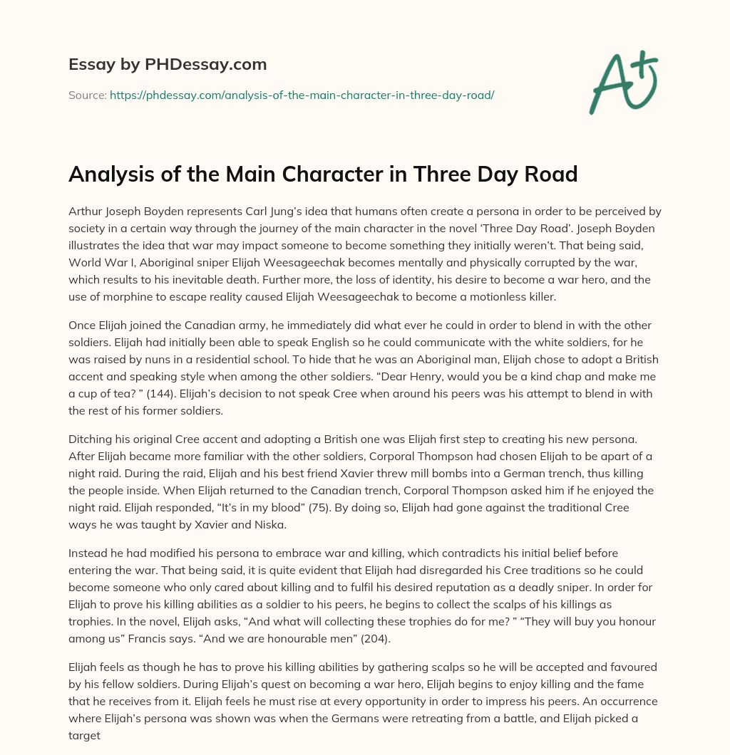 Analysis of the Main Character in Three Day Road - PHDessay.com