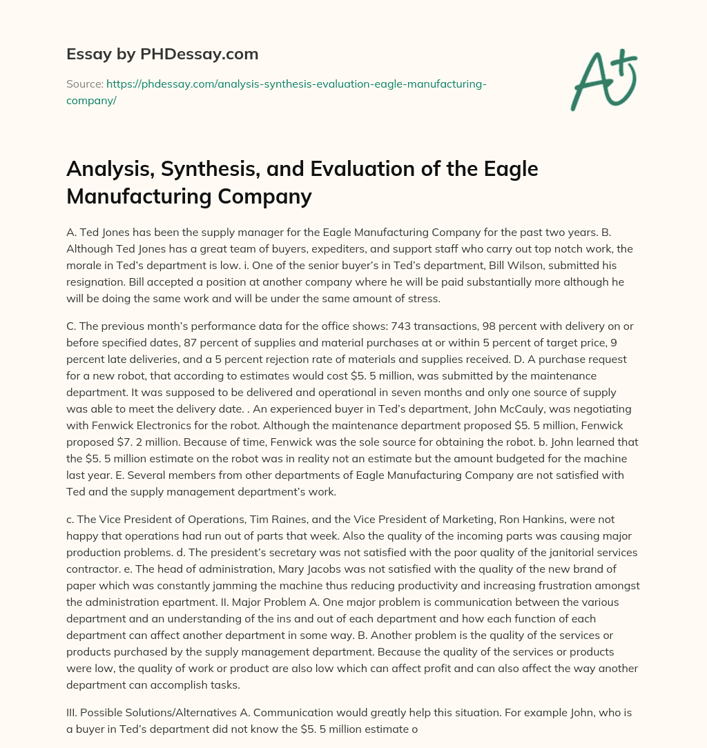 Analysis, Synthesis, and Evaluation of the Eagle Manufacturing Company ...