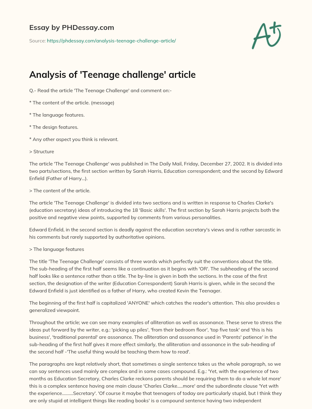 Analysis of 'Teenage challenge' article - PHDessay.com