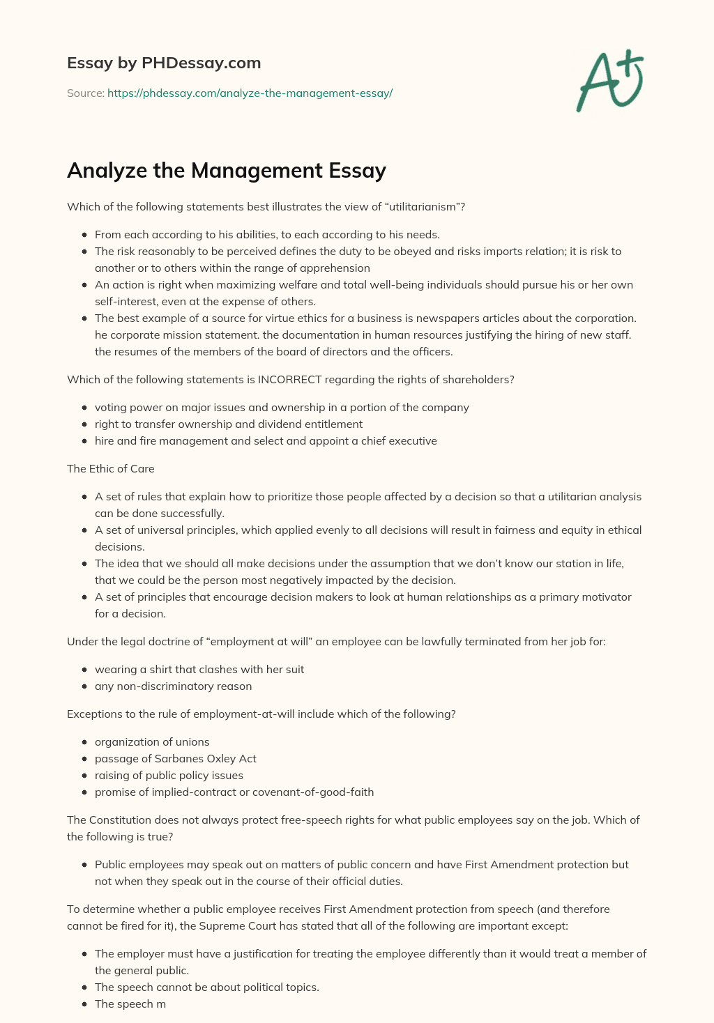 Analyze the Management Essay - PHDessay.com