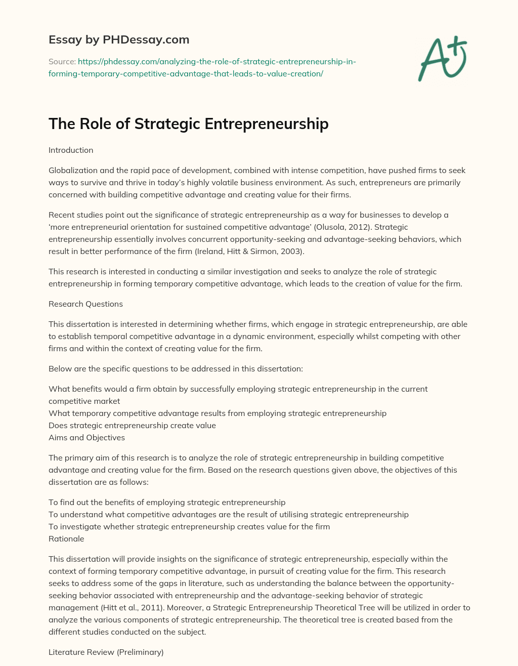 The Role of Strategic Entrepreneurship - PHDessay.com