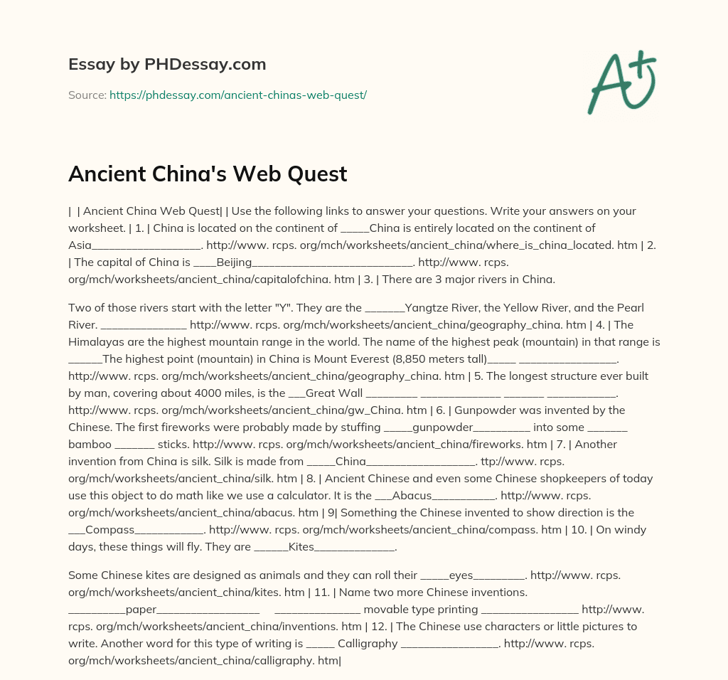 Ancient China's Web Quest (300 Words) - PHDessay.com