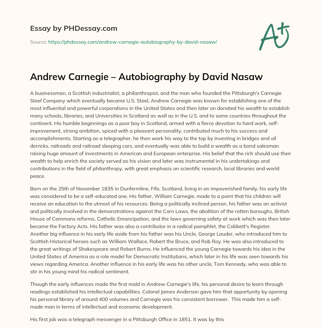 Andrew Carnegie – Autobiography by David Nasaw - PHDessay.com