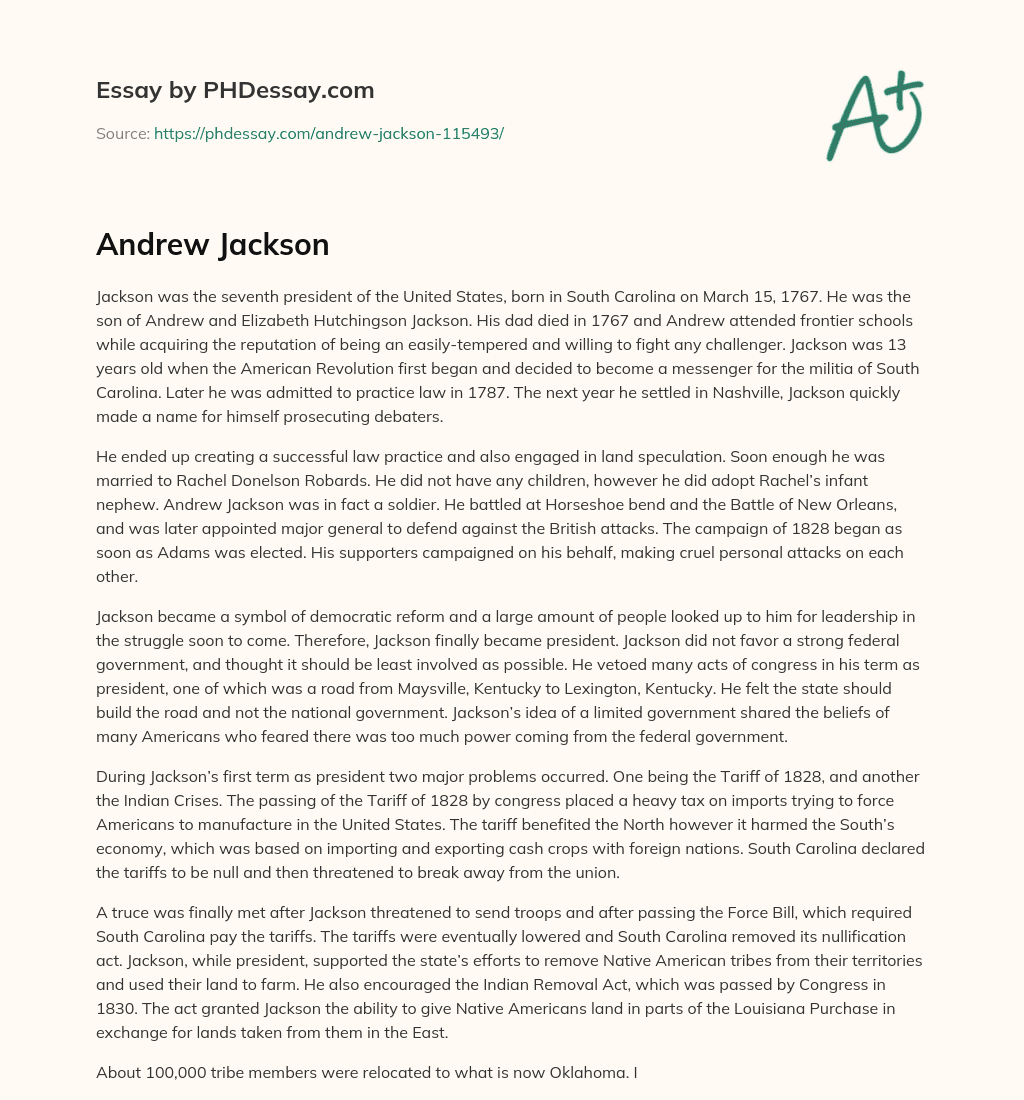 Andrew Jackson - PHDessay.com