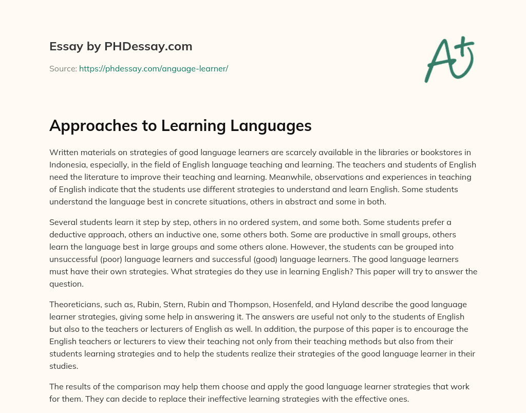 Approaches To Learning Languages Essay Example (300 Words) - PHDessay.com
