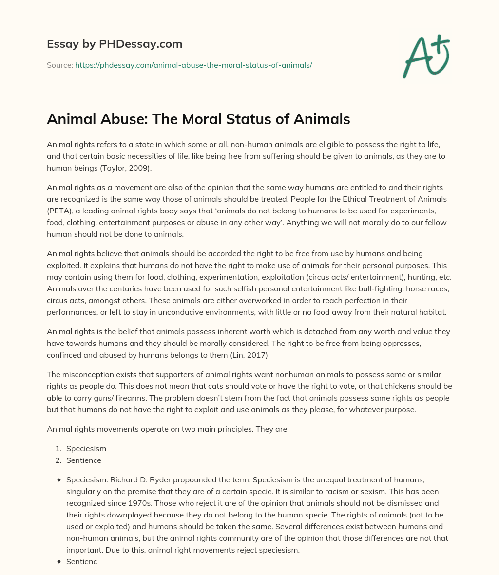 Animal Abuse: The Moral Status of Animals - PHDessay.com