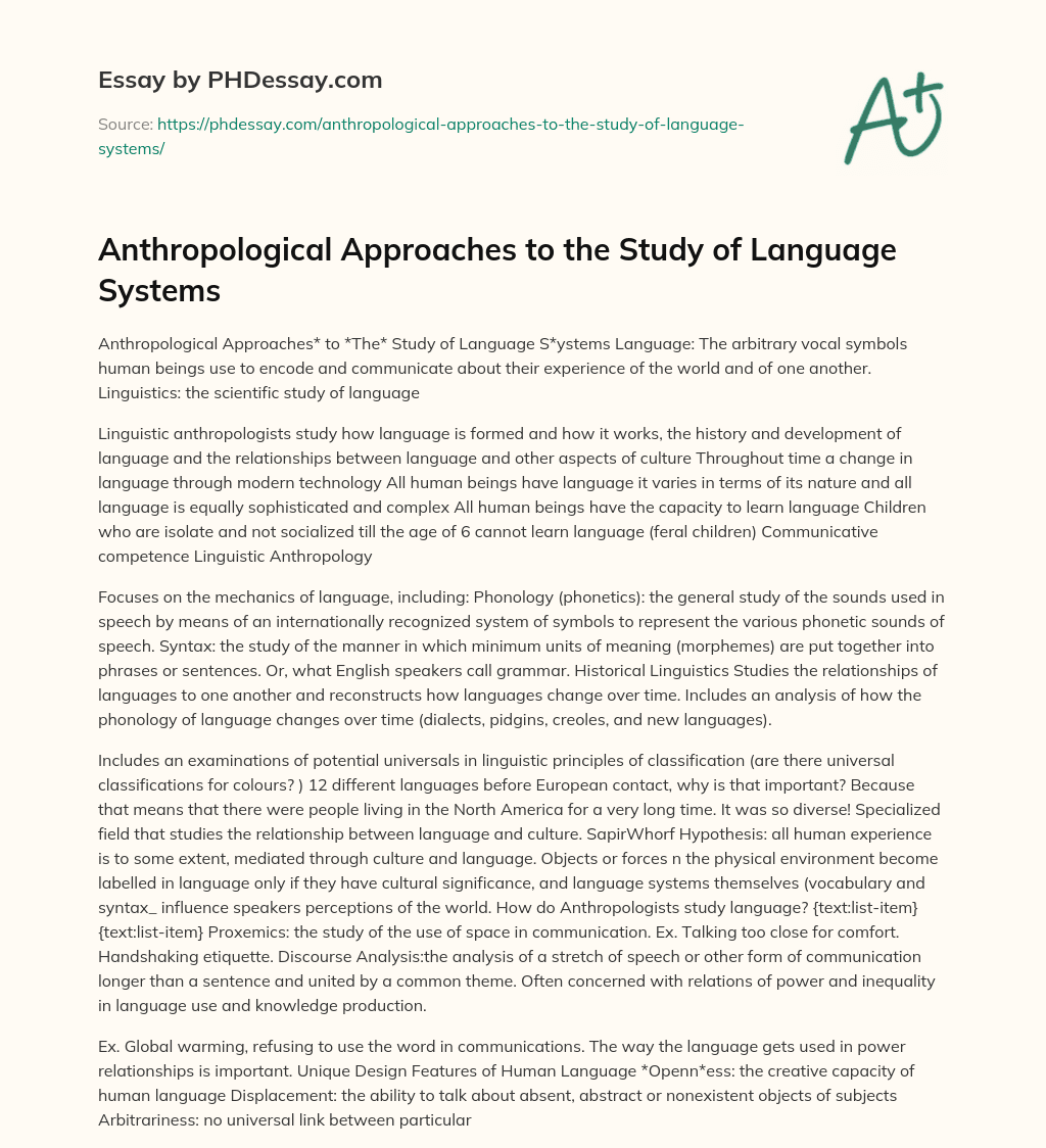 Anthropological Approaches to the Study of Language Systems (500 Words ...