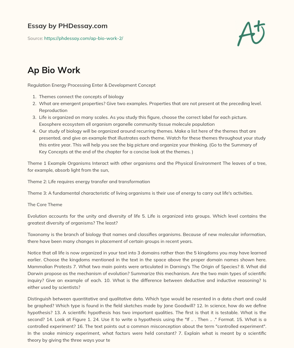 Ap Bio Work - PHDessay.com