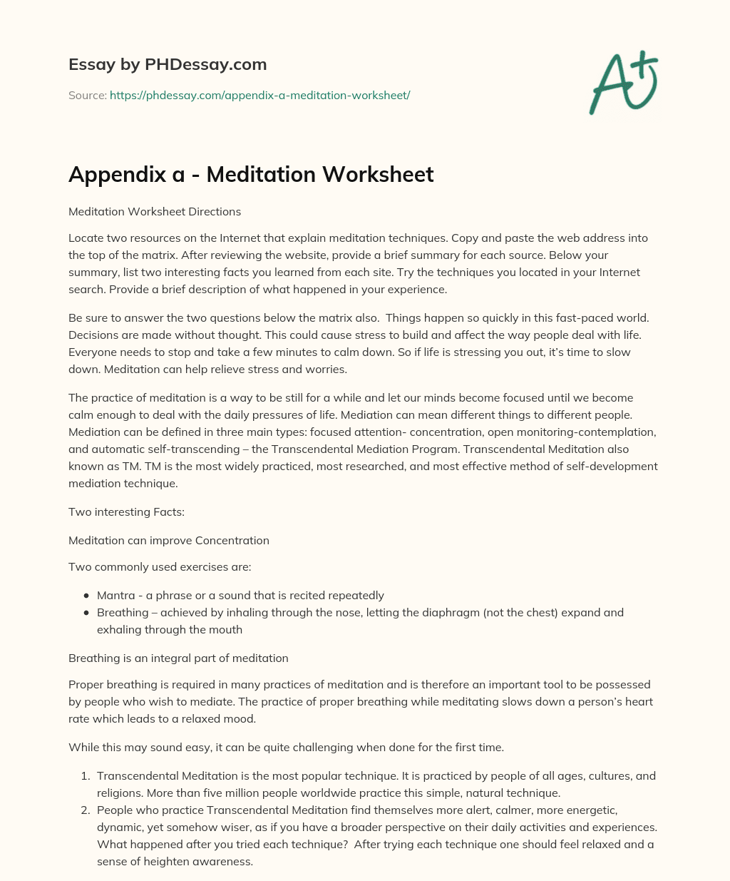 Appendix a - Meditation Worksheet - PHDessay.com