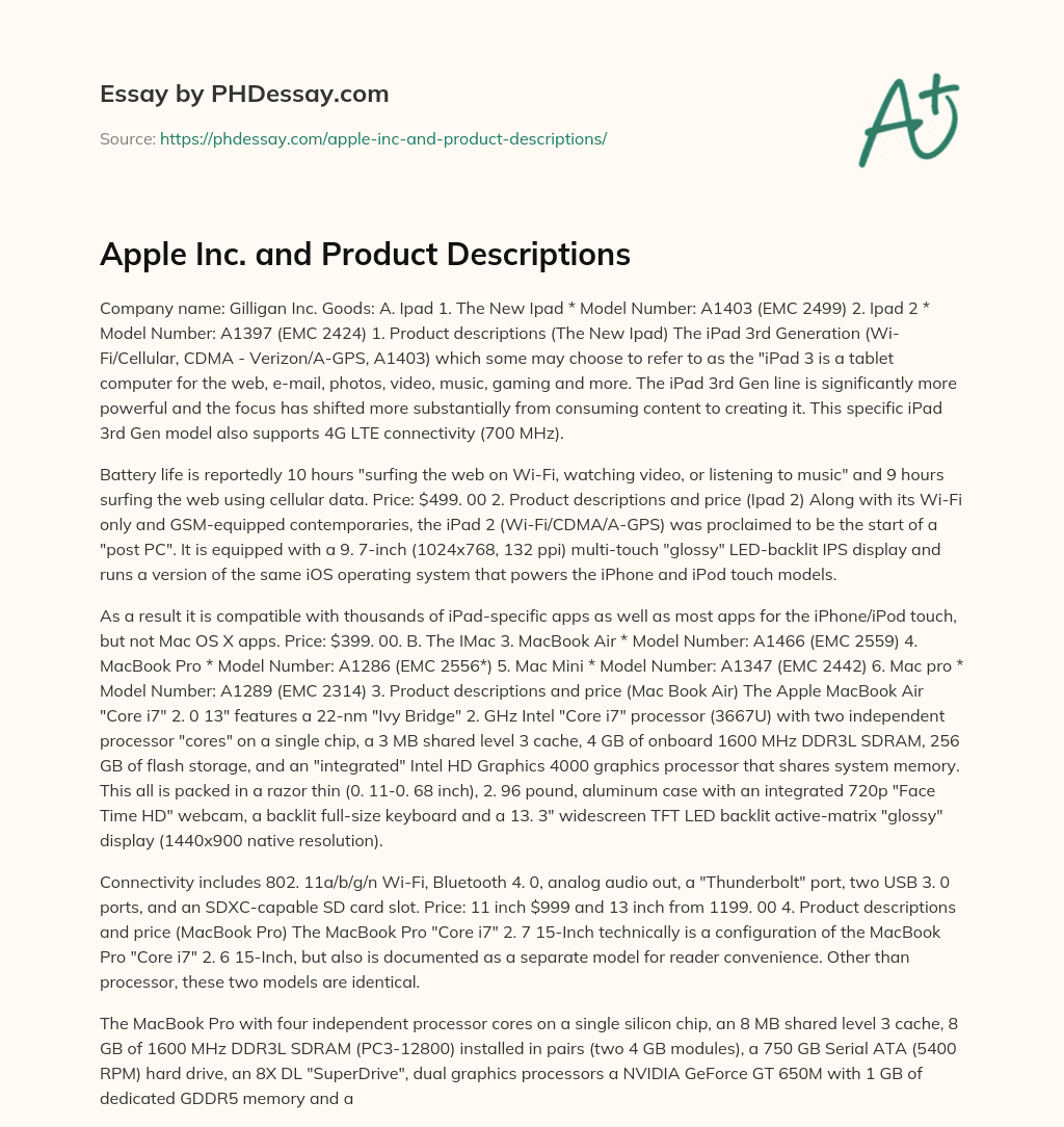 Apple Inc. and Product Descriptions - PHDessay.com
