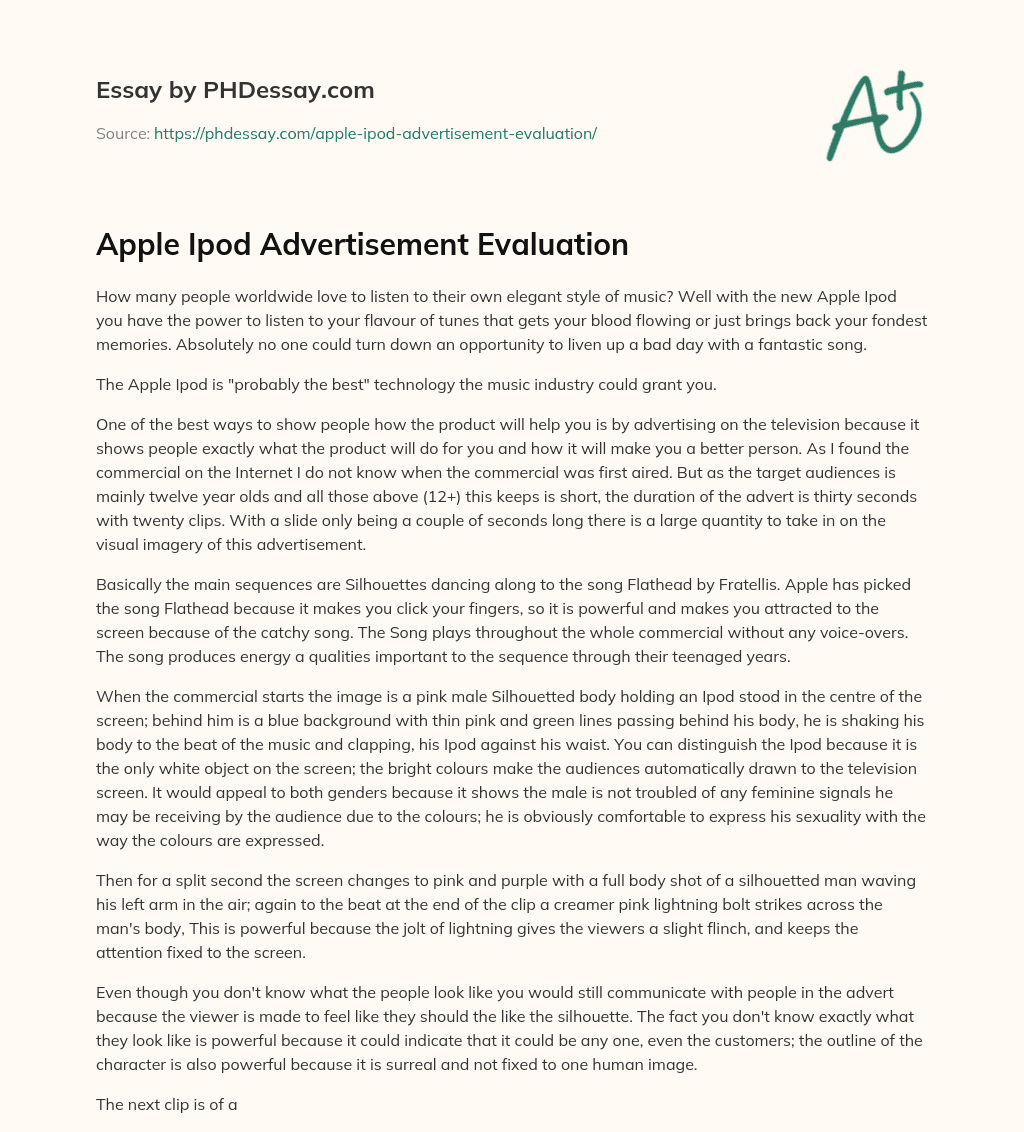 Apple Ipod Advertisement Evaluation - PHDessay.com