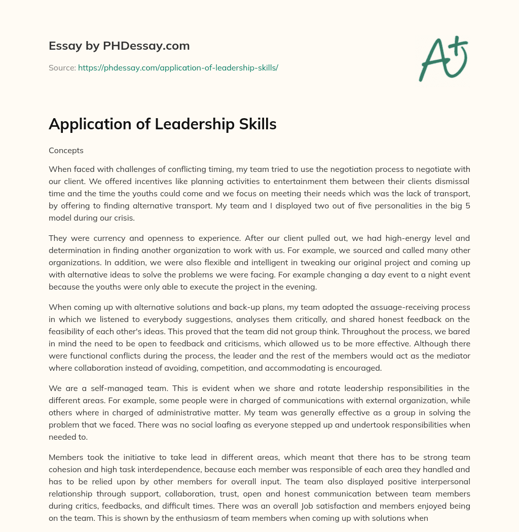 Application of Leadership Skills (400 Words) - PHDessay.com