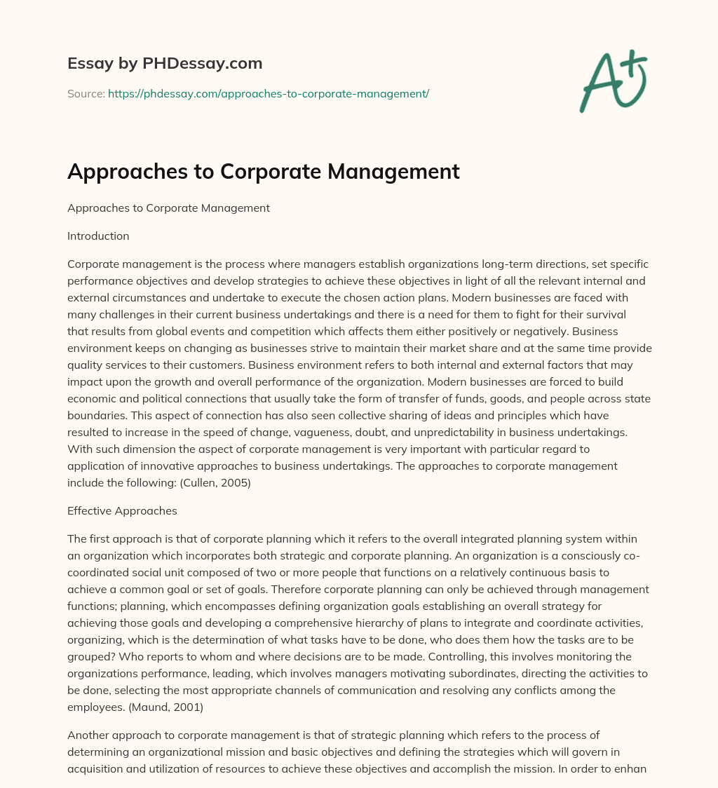 Approaches to Corporate Management - PHDessay.com