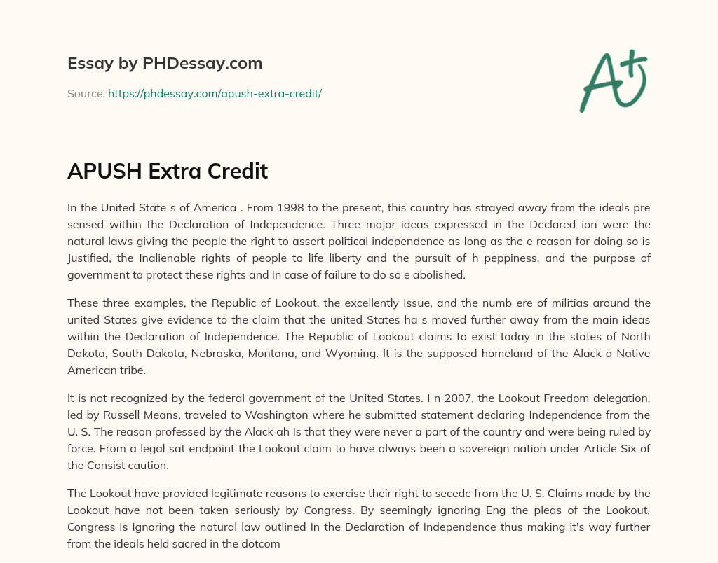 APUSH Extra Credit (300 Words) - PHDessay.com