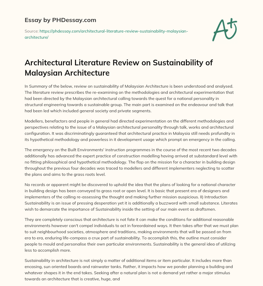 Architectural Literature Review on Sustainability of Malaysian ...