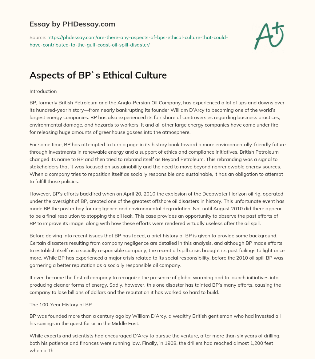 Aspects of BP`s Ethical Culture - PHDessay.com