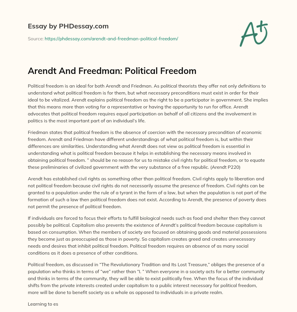 Arendt And Freedman: Political Freedom - PHDessay.com