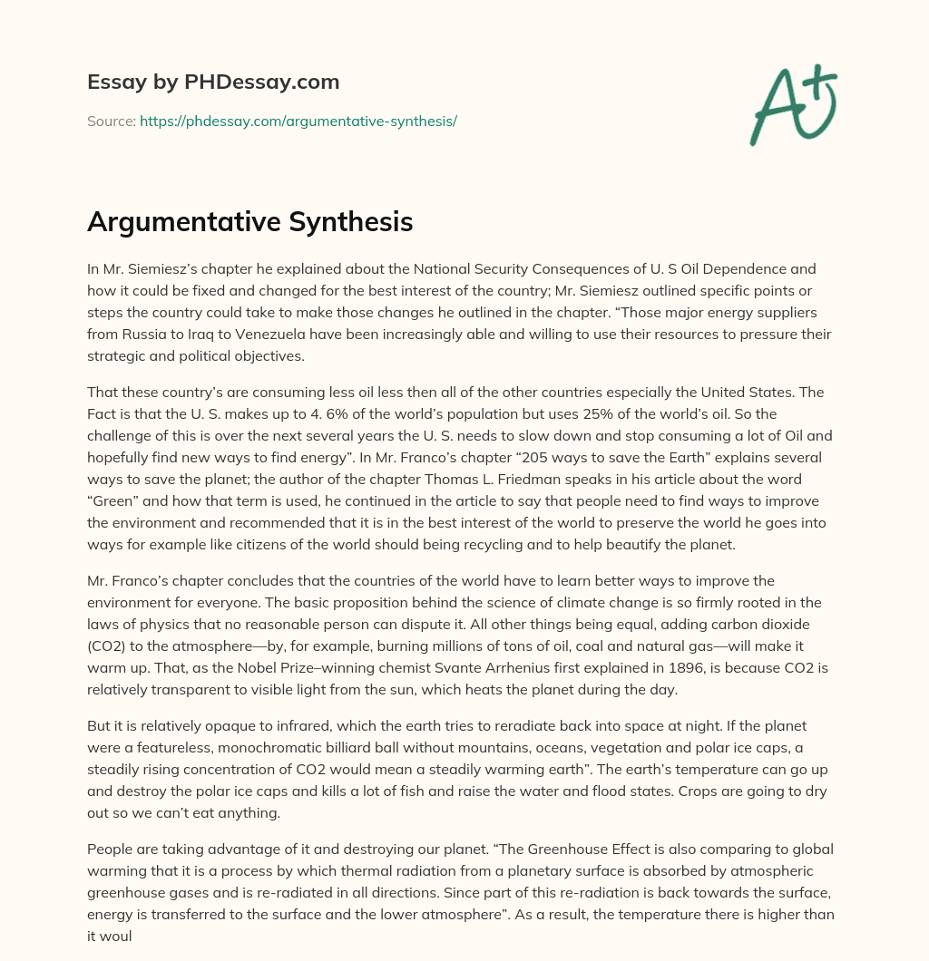 Argumentative Synthesis - PHDessay.com