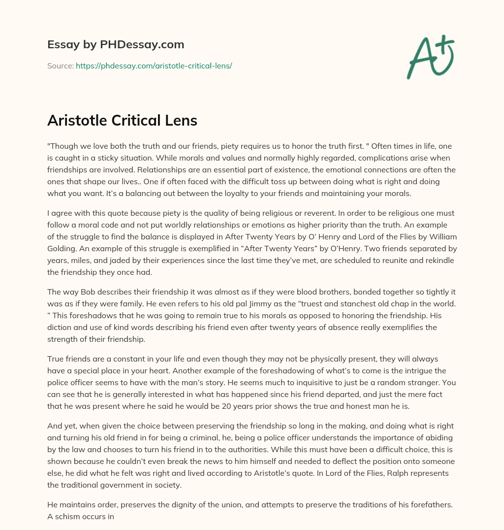 Aristotle Critical Lens - PHDessay.com