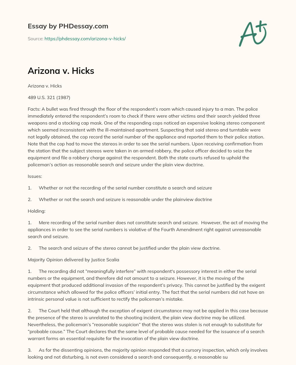Arizona v. Hicks (600 Words) - PHDessay.com