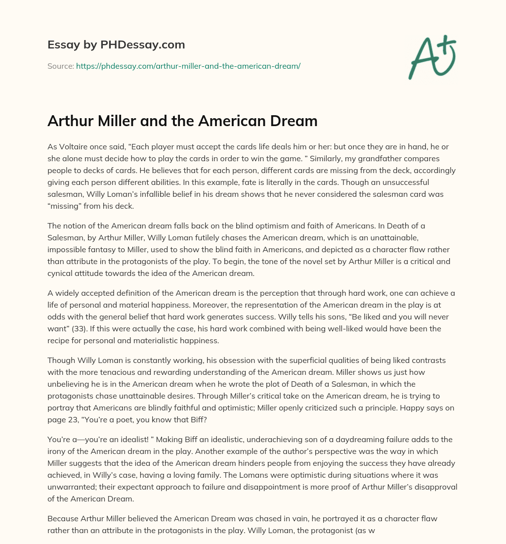 Arthur Miller And The American Dream Essay Example - PHDessay.com