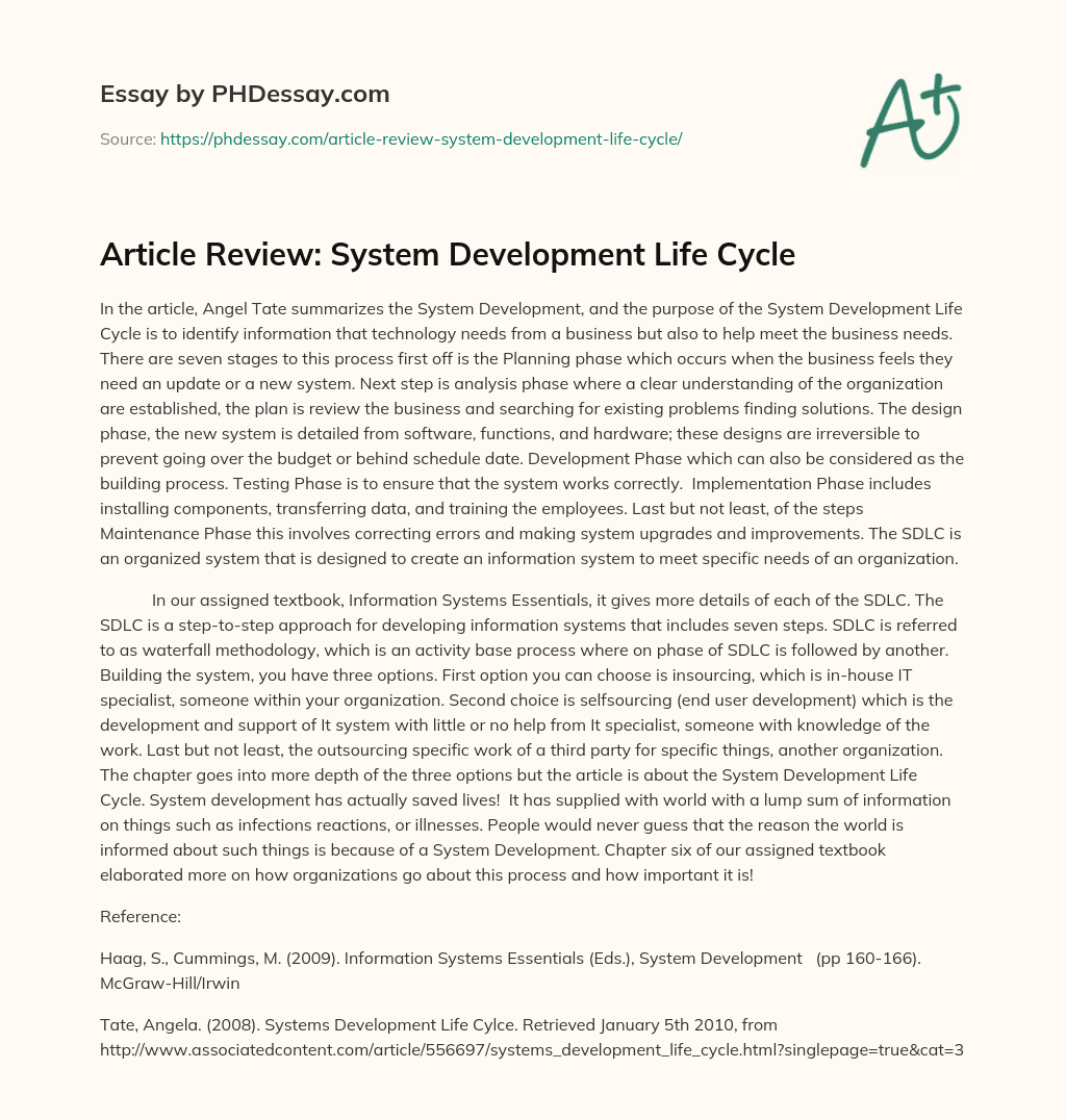 Article Review: System Development Life Cycle (400 Words) - PHDessay.com