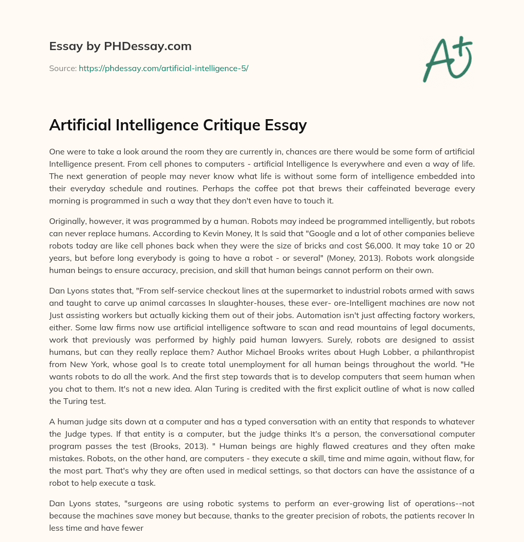 Artificial Intelligence Critique Essay - PHDessay.com