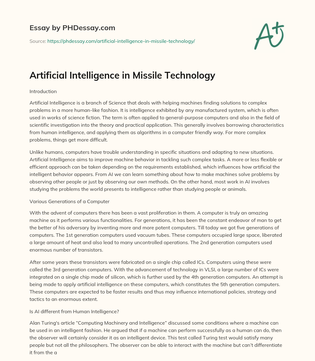 Artificial Intelligence in Missile Technology - PHDessay.com