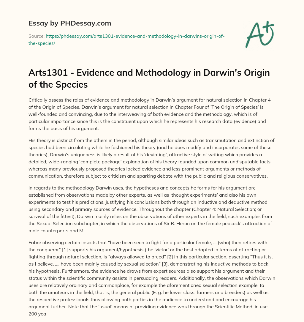 Arts1301 - Evidence and Methodology in Darwin's Origin of the Species ...