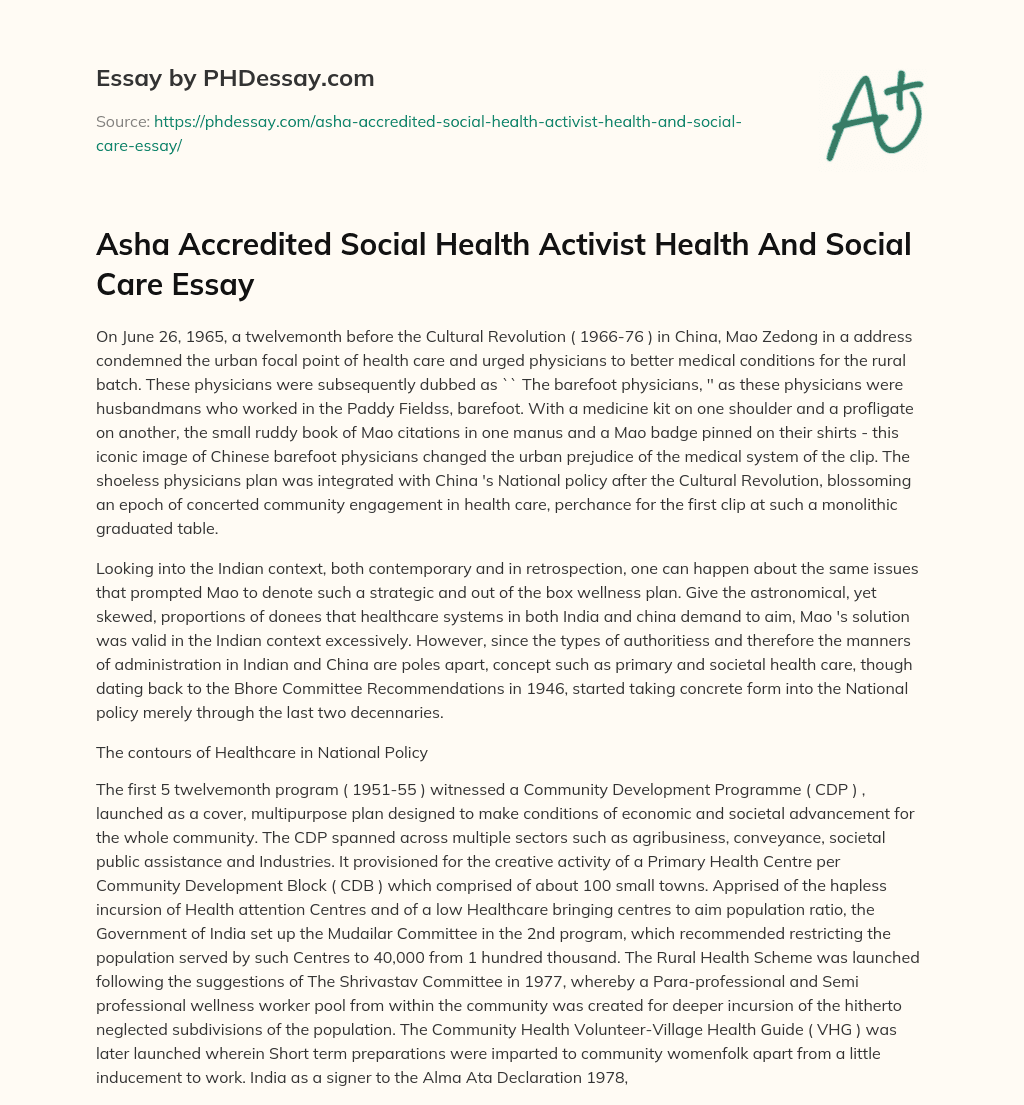 Asha Accredited Social Health Activist Health And Social Care Essay ...
