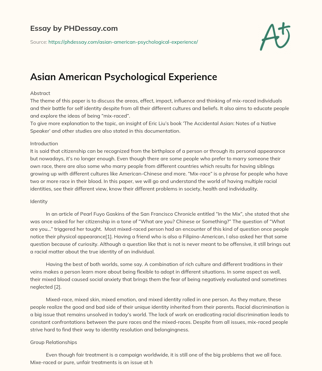 Asian American Psychological Experience - PHDessay.com
