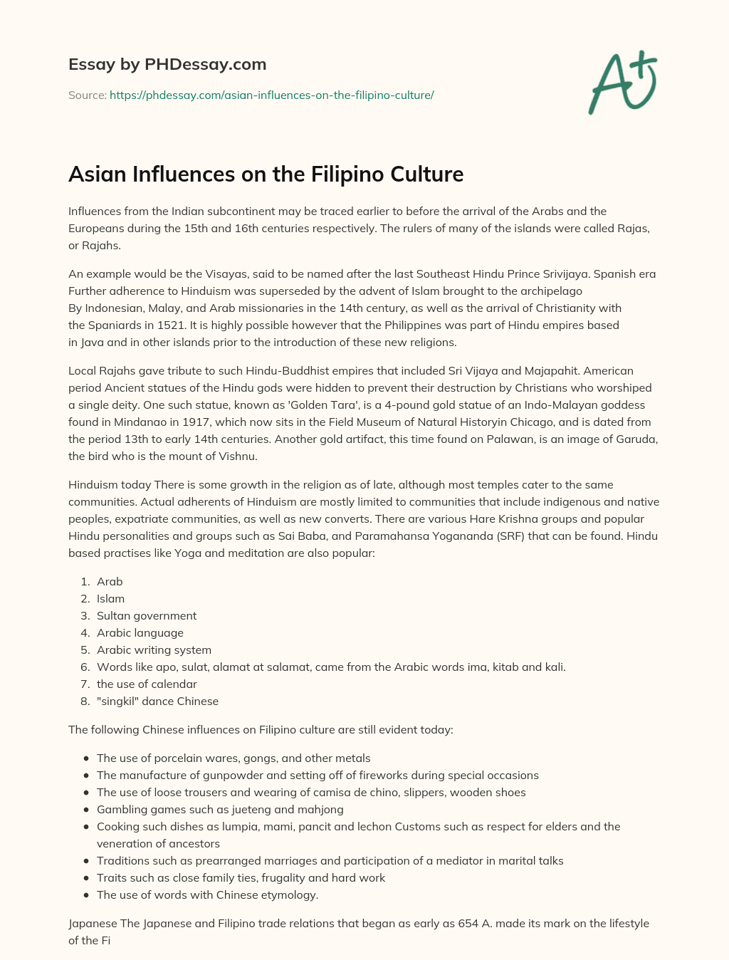Asian Influences on the Filipino Culture (500 Words) - PHDessay.com
