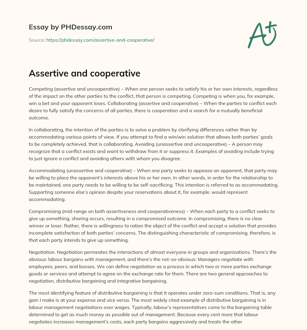 Assertive And Cooperative Essay Example (500 Words) - PHDessay.com