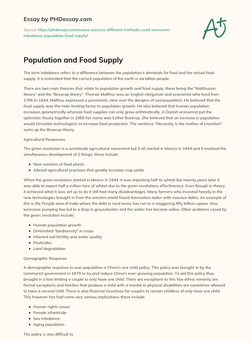Population and Food Supply (600 Words) - PHDessay.com